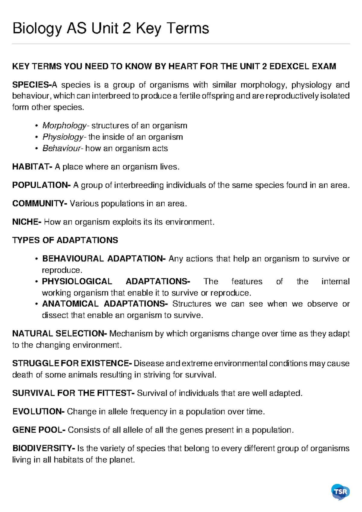 Biology AS Unit 2 Essential Key Terms for IAL Edexcel Exam - Studocu