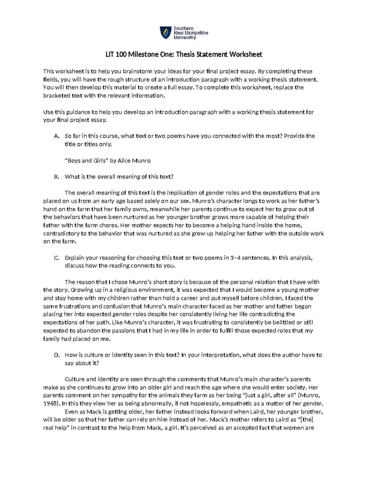 LIT 100 Milestone One: Thesis Statement Development Worksheet - Studocu