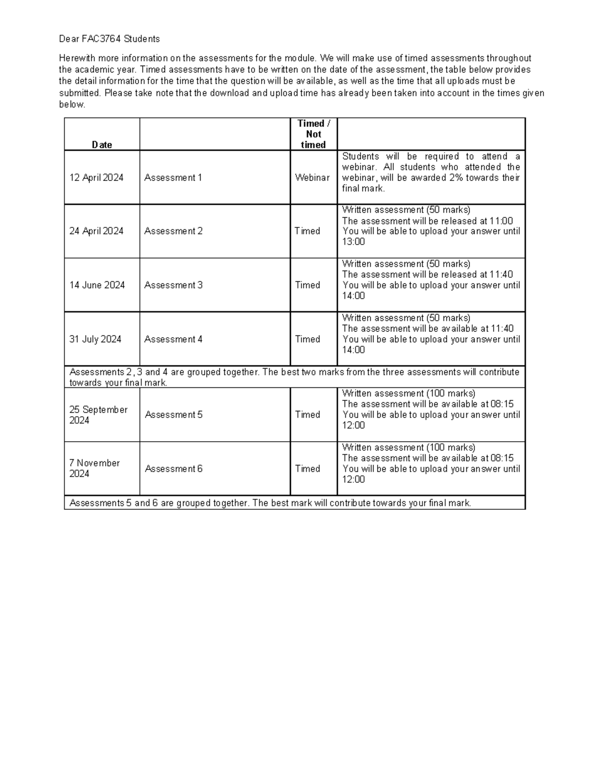 FAC3764: 2024 Timed Assessment Plan and Details - Studocu