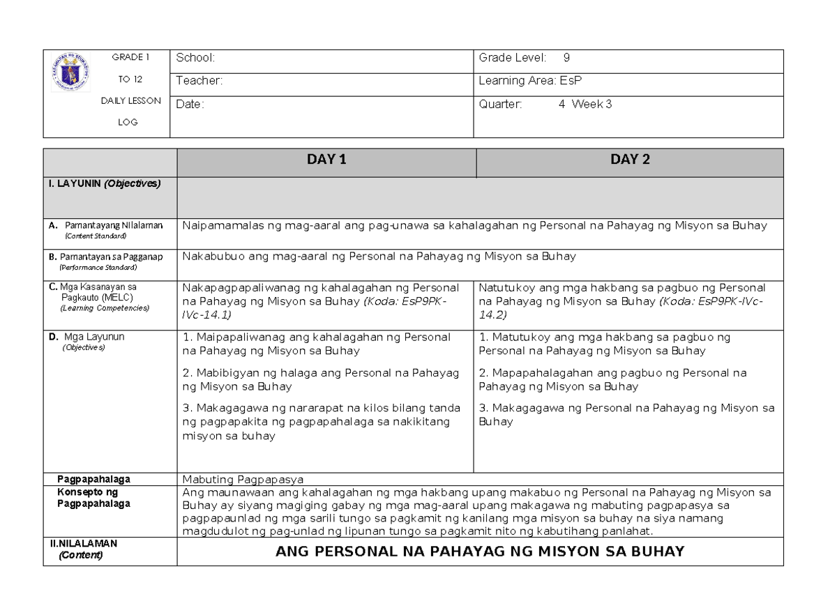 EsP9: Daily Lesson Log on Personal Mission Statement for Life - Studocu