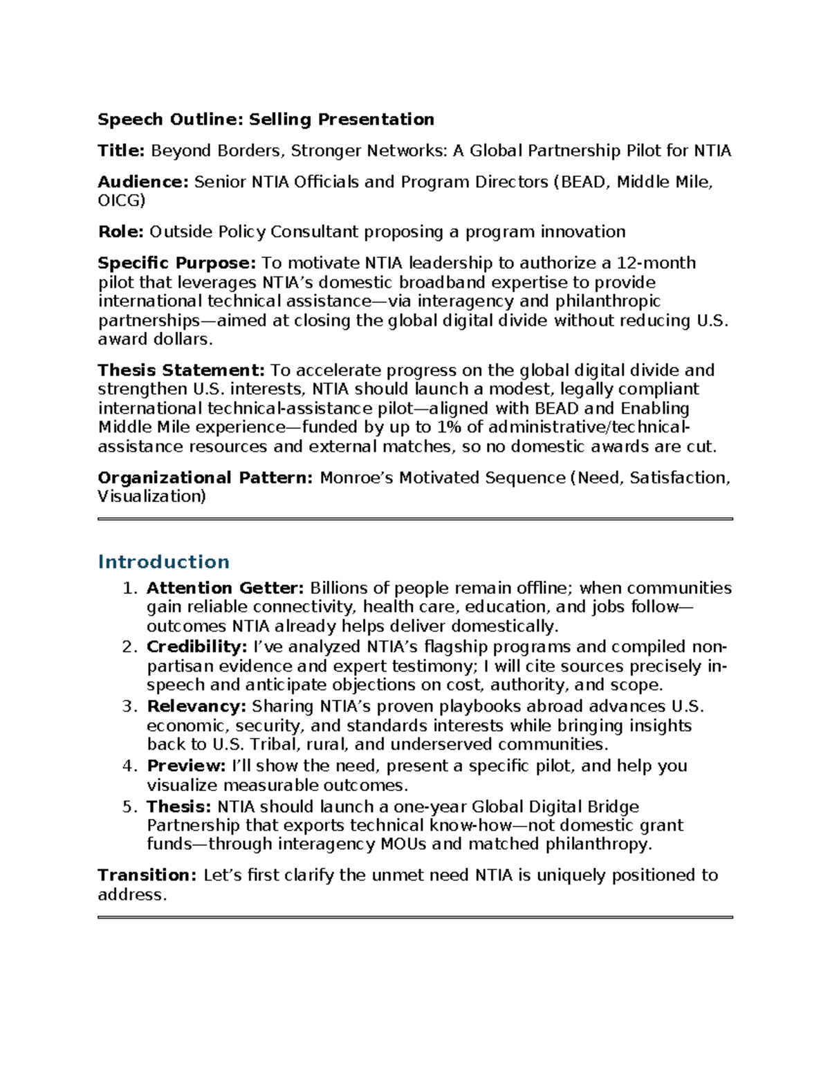 Speech Outline: Selling Presentation on Global Digital Bridge ...
