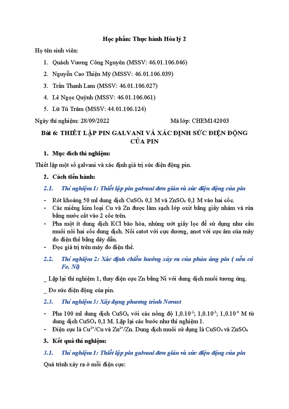 Bài 6: Thiết lập Pin Galvani & Xác định Sức Điện Động - CHEM - Studocu
