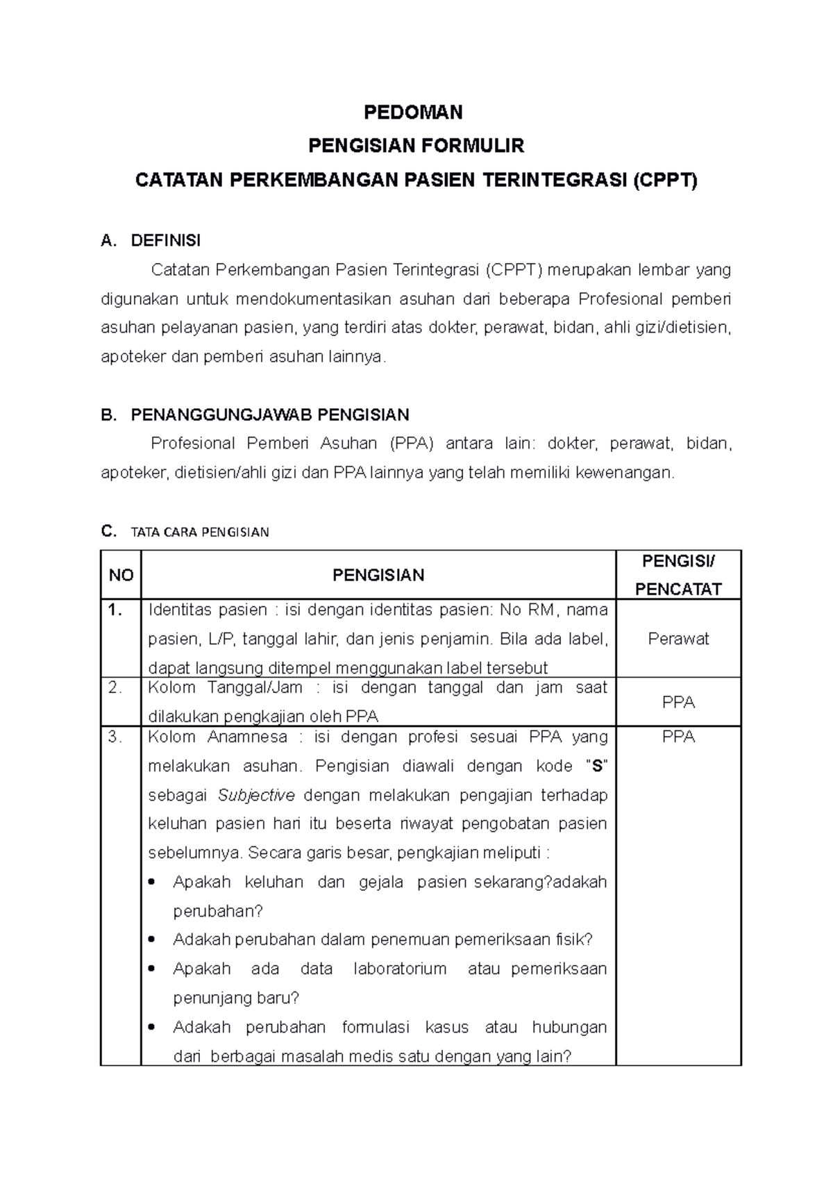 Pedoman Pengisian Form CPPT untuk Profesional Pemberi Asuhan - Studocu