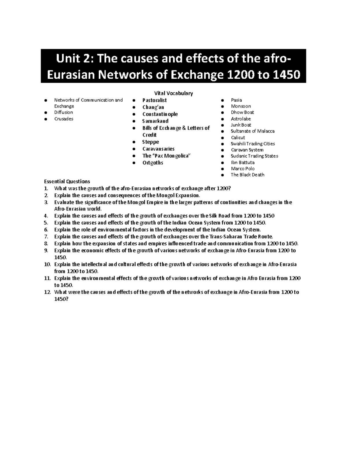 Unit 2 Notes - Unit 2: The causes and effects of the afro- Eurasian ...