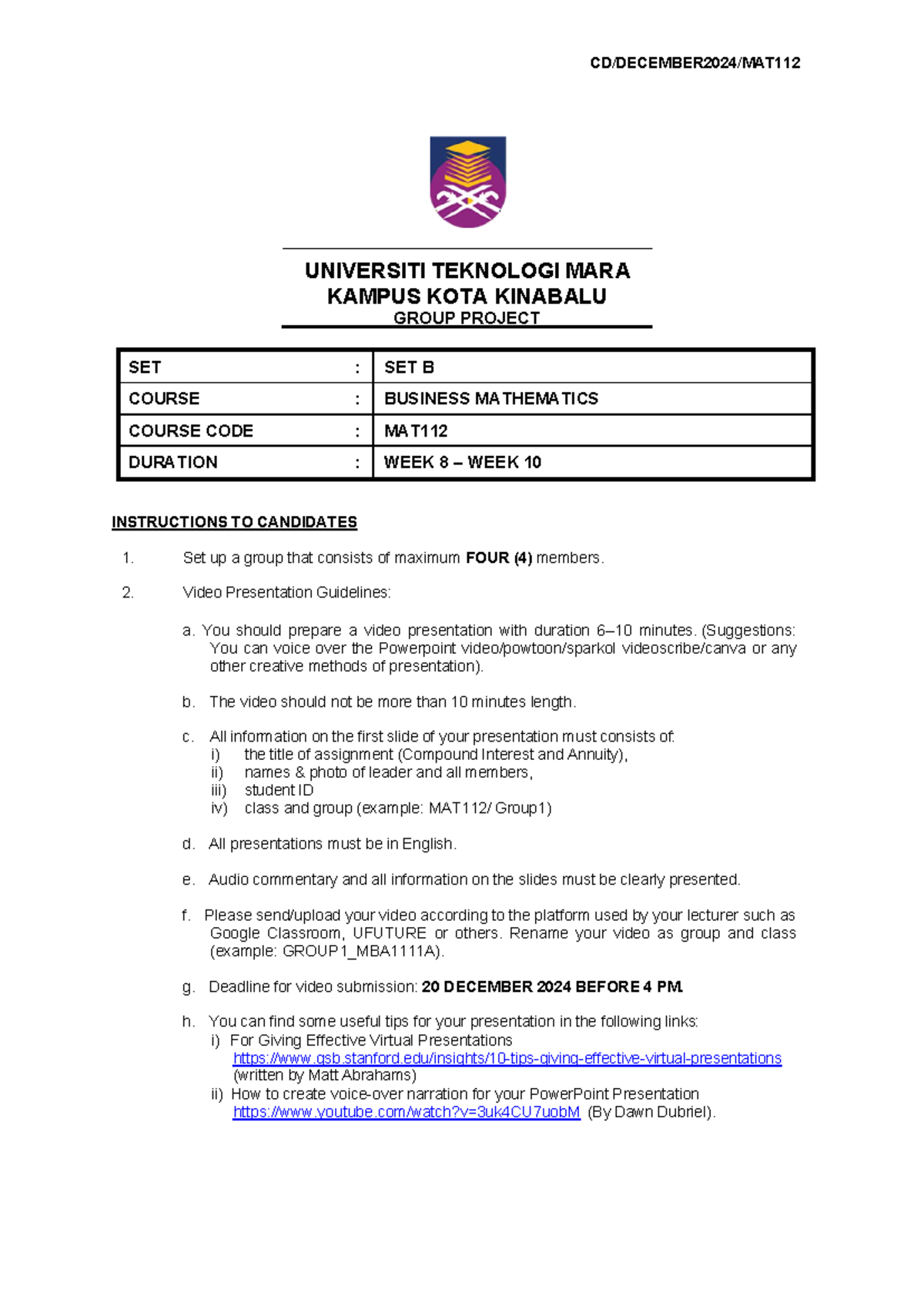 Question SETB Group Project MAT112 DEC2024 - CD/DECEMBER2024/MAT ...