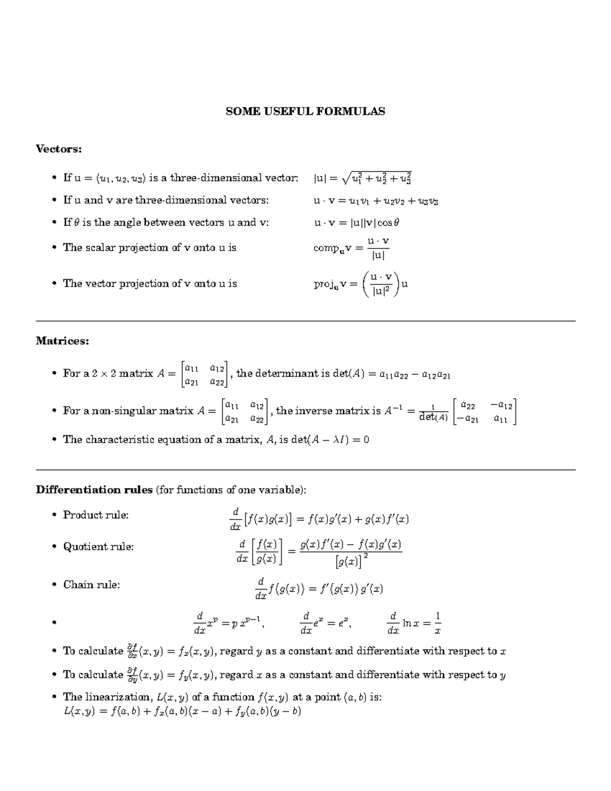 Vectors and Matrices Formulas for Calculus (MATH 101) - Studocu