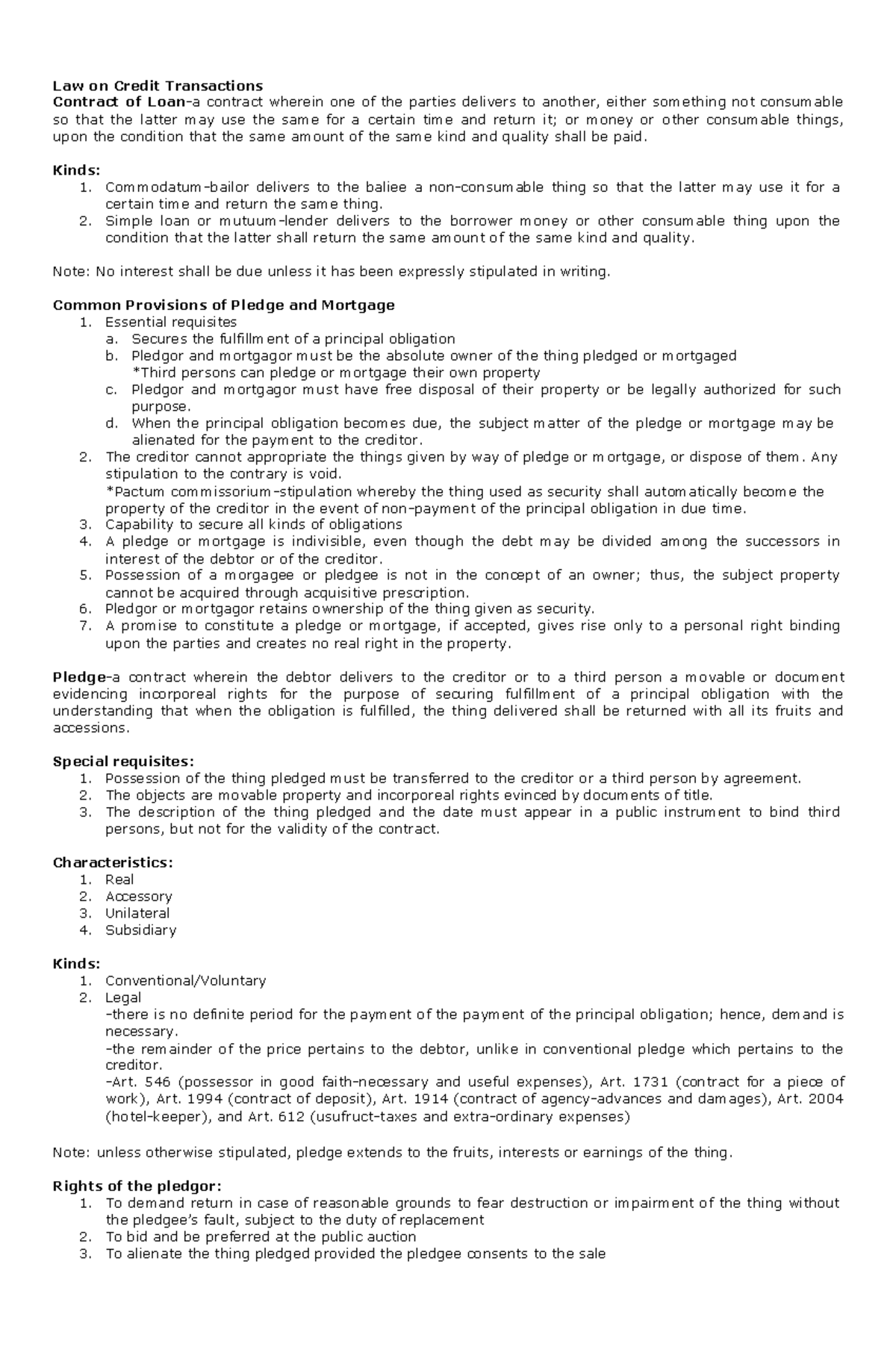 Law on Credit Transactions: Pledge and Mortgage Overview - Studocu