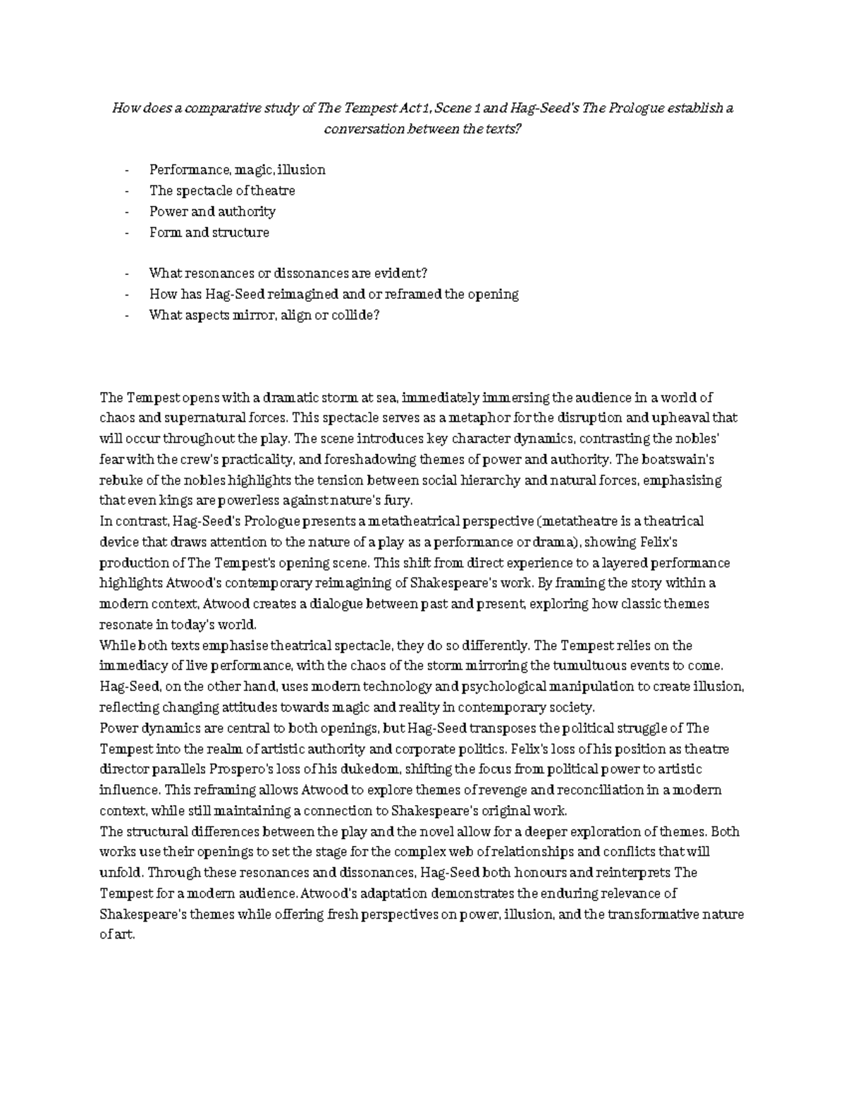 Comparative Analysis of The Tempest Act 1, Scene 1 & Hag-Seed Prologue ...