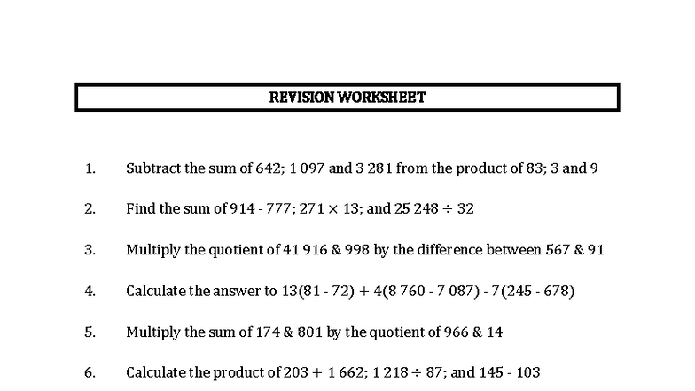 Revision Worksheet 1: Math Problems & Solutions - Studocu