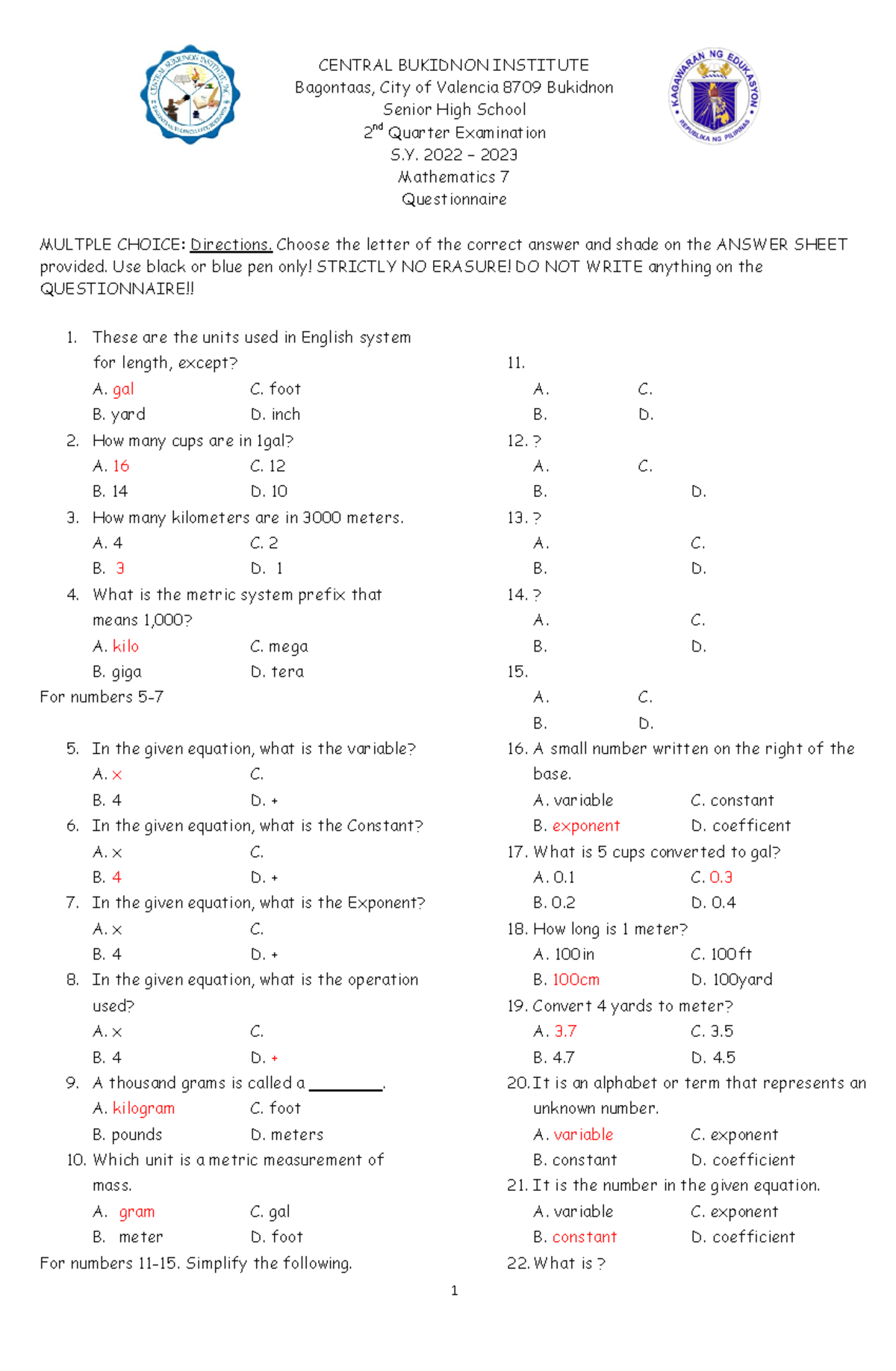 Math 7 2nd Quarter Exam - 2022-2023 - Questionnaire - Studocu