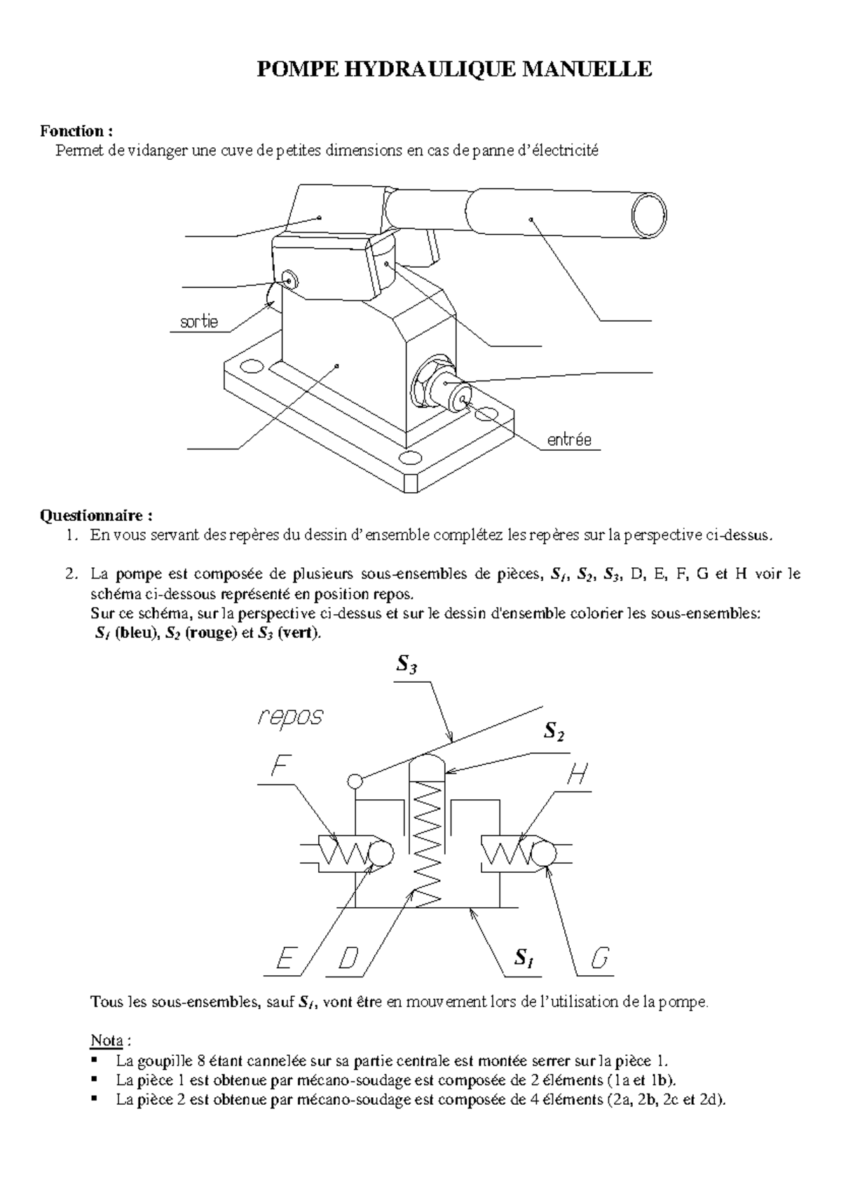 TD Pompe Hydraulique S2: Manuel et Questionnaire de Fonctionnement - Studocu