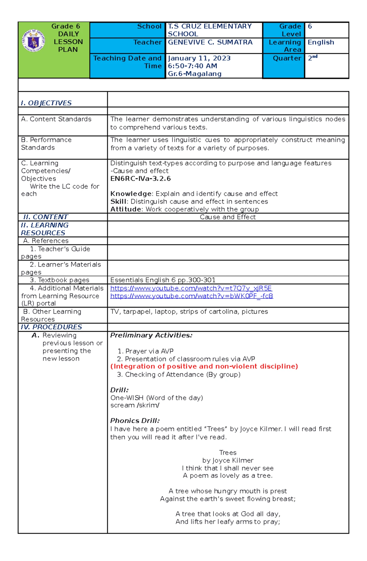 DLL Q2 W3 - English and MAPEH 6 Daily Lesson Plan Overview - Studocu