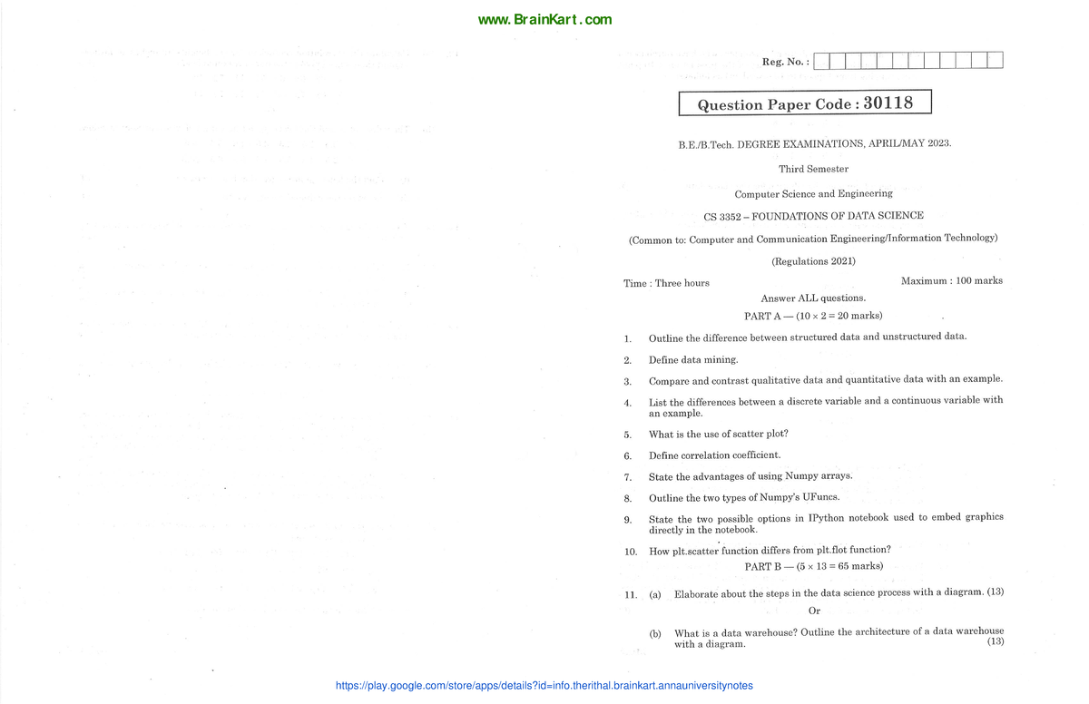Foundation of Data Science - CS3352 2021 Reg. Question Paper April-May ...