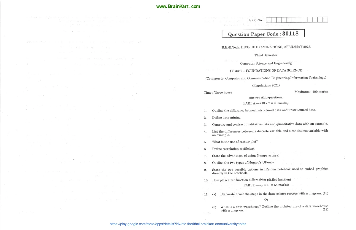 Foundation of Data Science CS3352 2021 Reg - Question Paper April-May ...