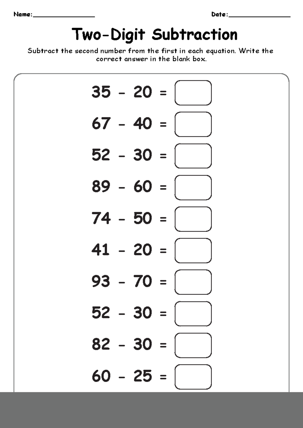 Two-Digit Subtraction in Line - 1st Grade Worksheet - Subtract the ...