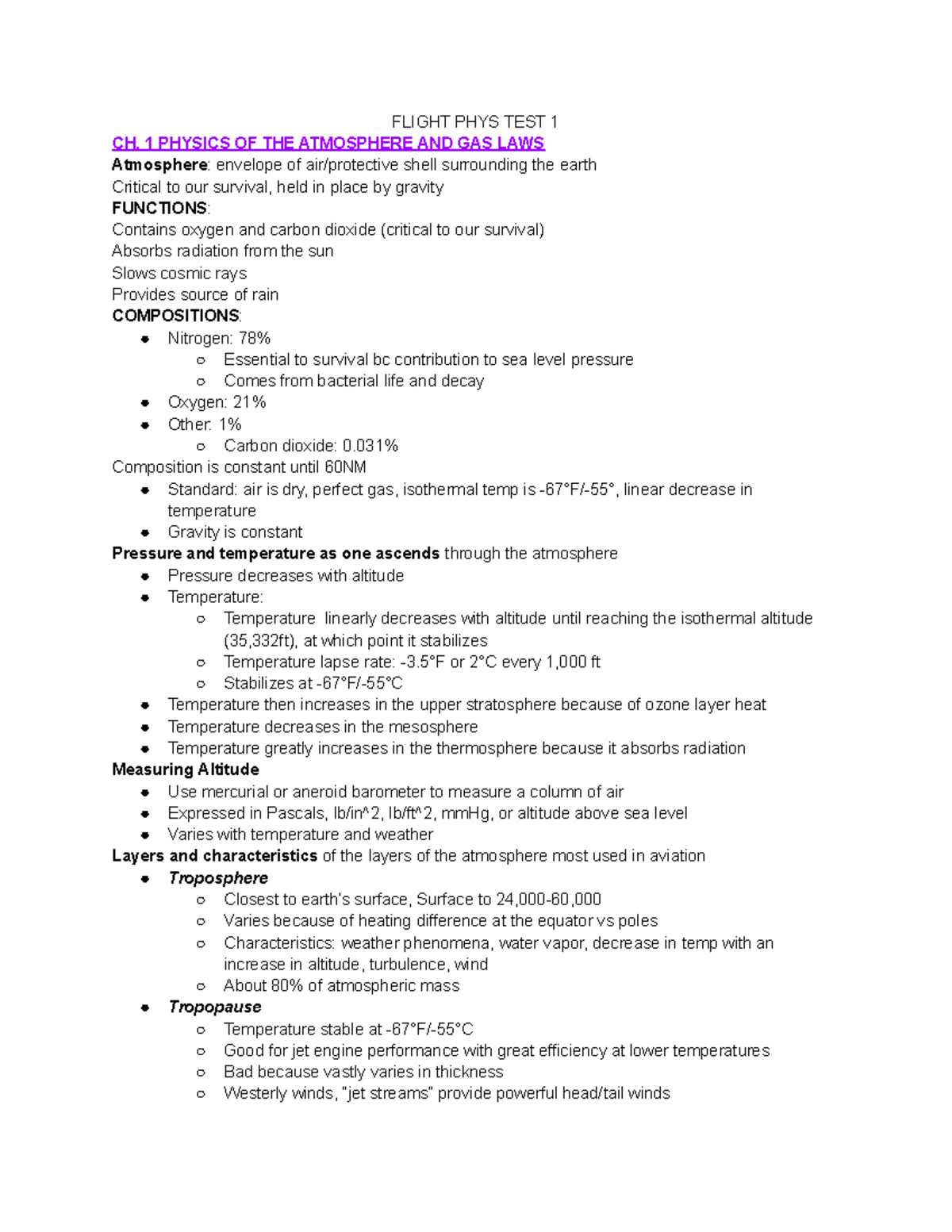Flight Phys Test 1 Study Guide: Key Concepts and Gas Laws - Studocu