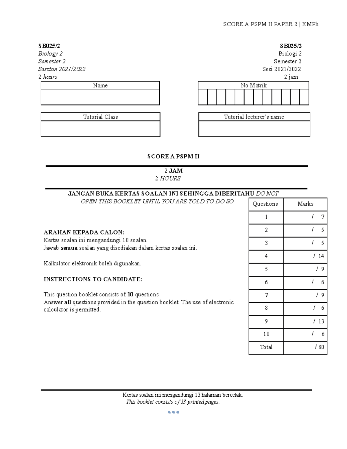 KMPh Pre PSPM SB025 Question - SB025/2 SB025/ Biology 2 Biologi 2 ...