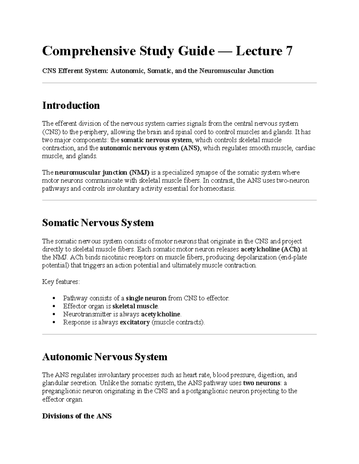 CNS Efferent System Overview: Lecture 7 Study Guide & Quiz - Studocu