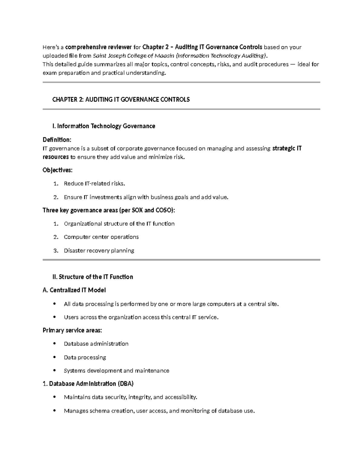 Comprehensive Reviewer for IT Auditing (IT 101) - Chapter 2: Governance ...