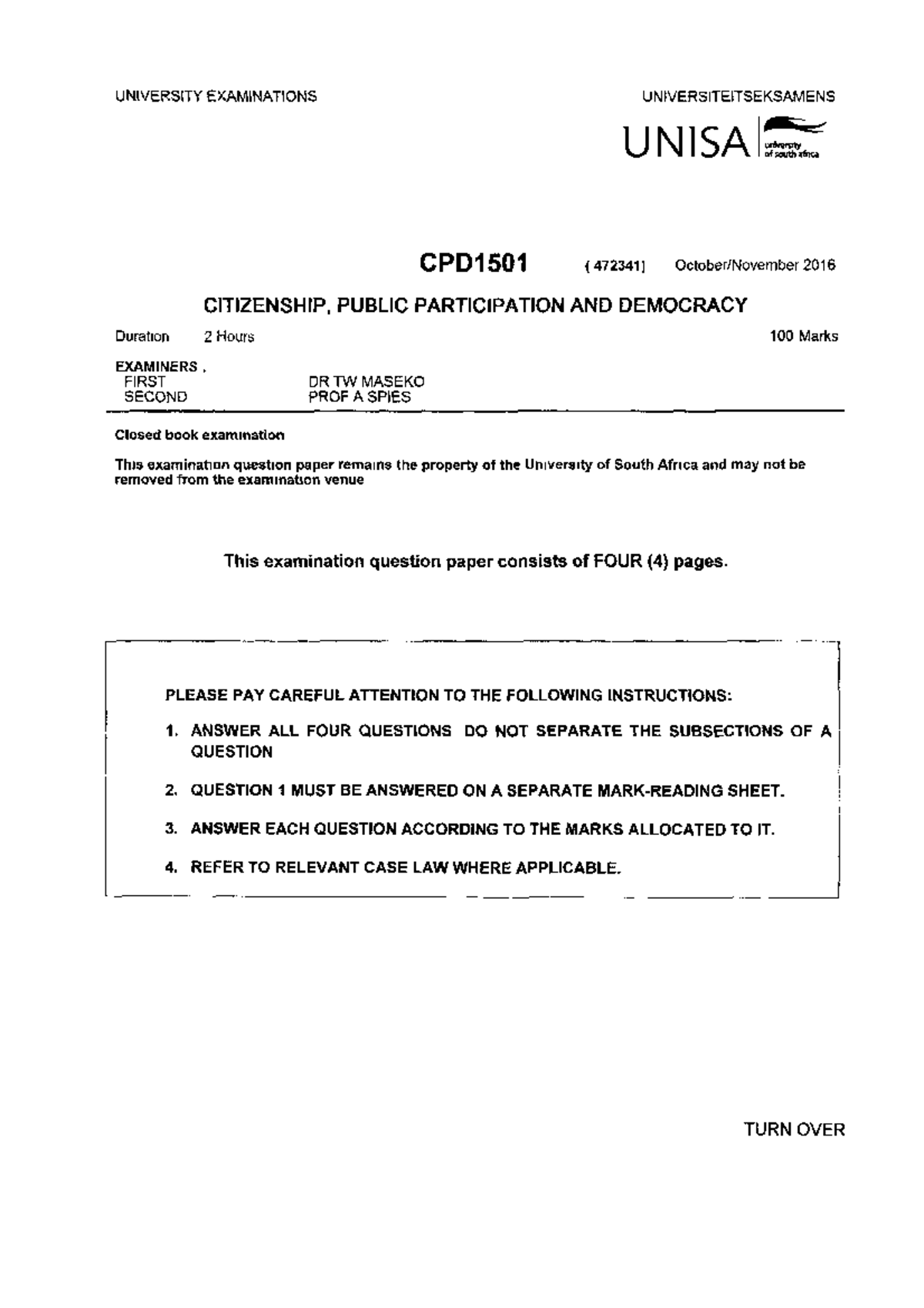 CPD1501 2016 10 E 1 exam - CPD1501 - Unisa - Studocu