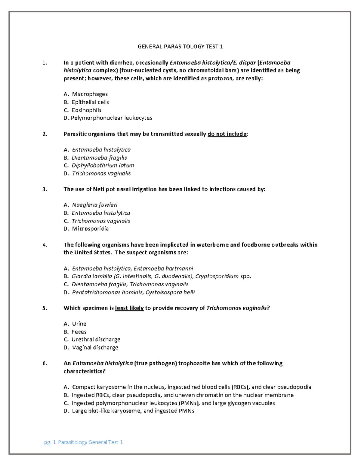 General Parasitology TEST 1 Review and Answers - Studocu