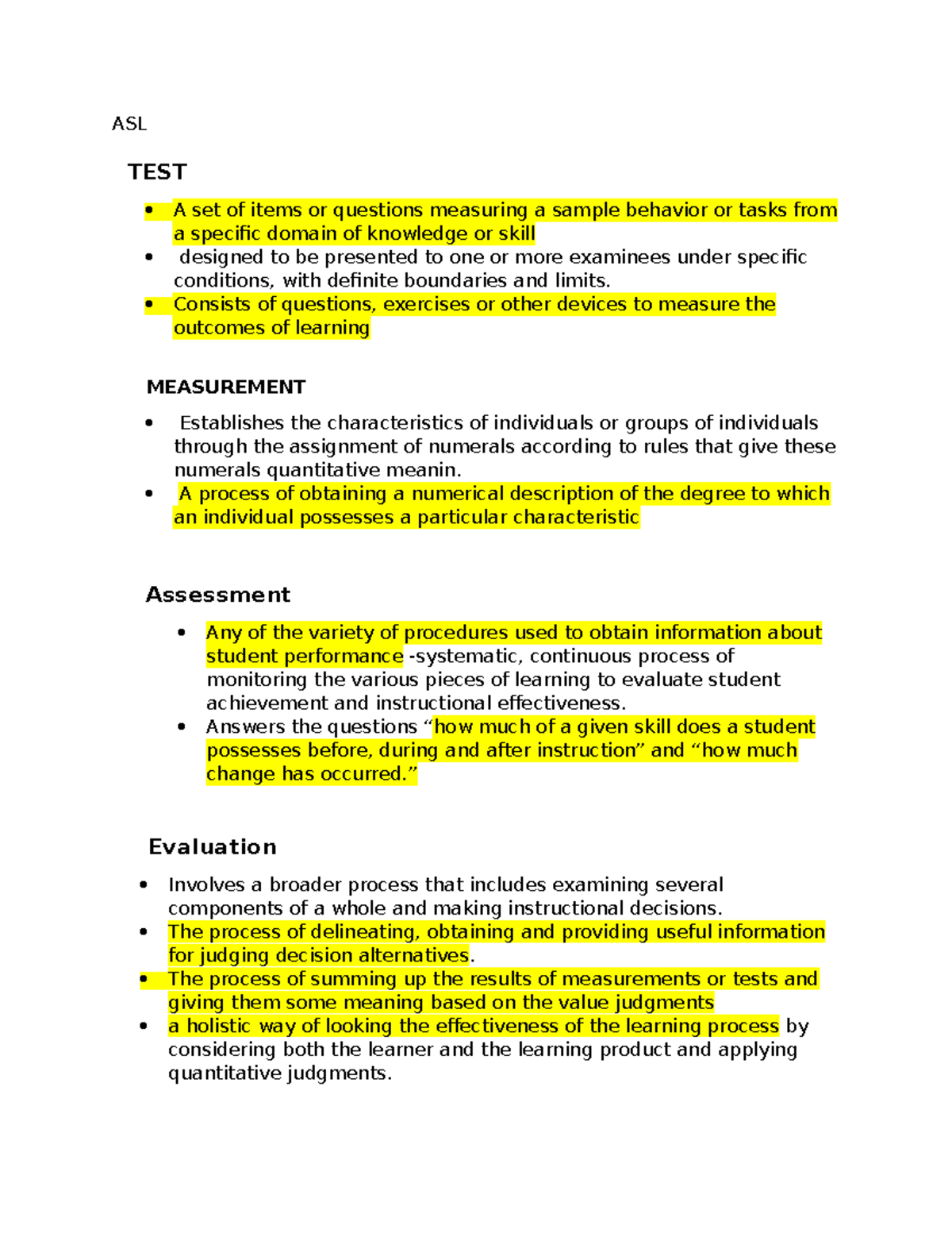 ASL - Notes on Assessment, Measurement, and Evaluation for Learning 1 ...