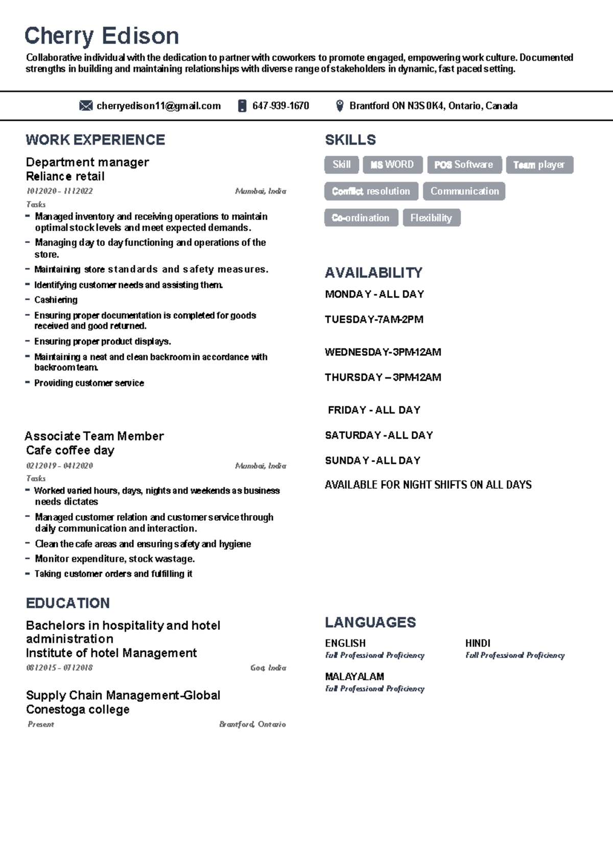 CV - Cherry Edison: Hospitality & Retail Experience - Studocu