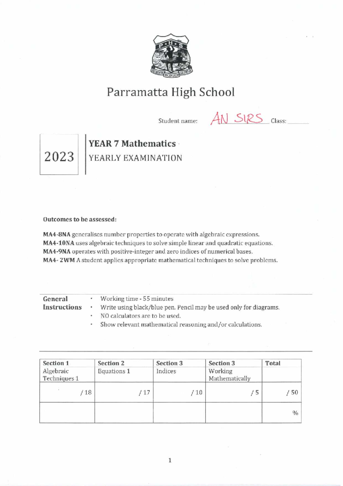 Year 7 Mathematics 2023 Yearly Exam - FAX MENTIS GLORIAE INCENDIUM - Studocu