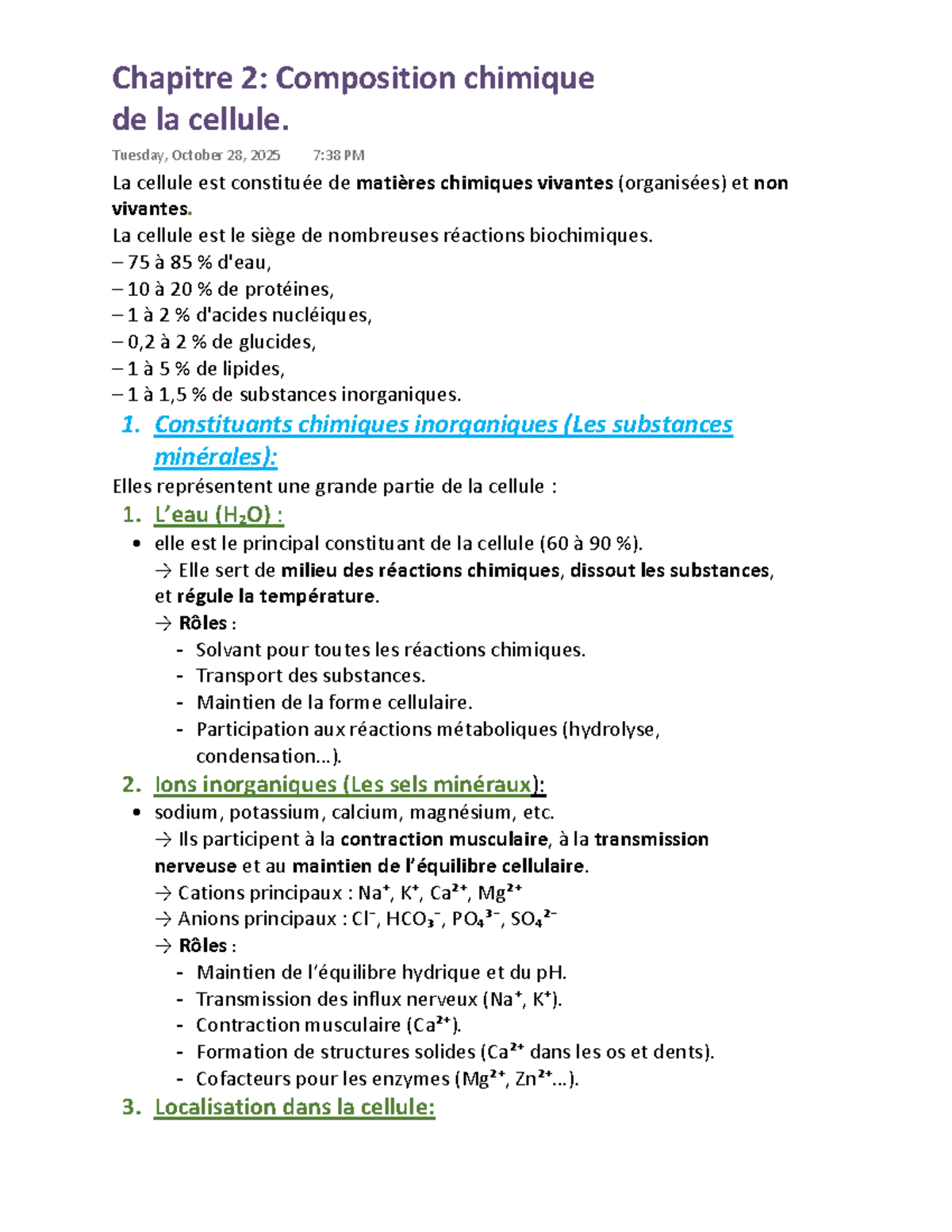 Chapitre 2: Composition Chimique de la Cellule - Notes de Cours - Studocu