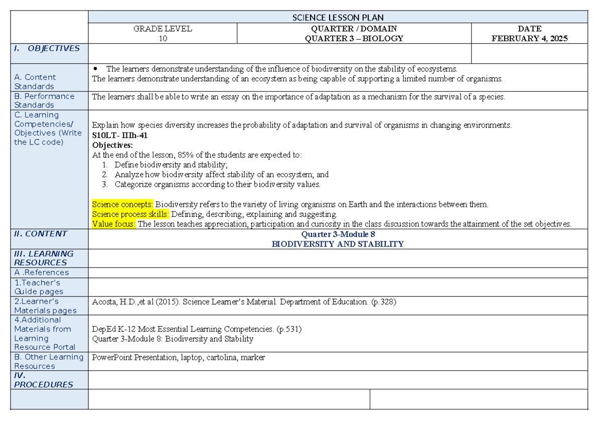 COT LP10 Q3 - Biology Lesson Plan on Biodiversity and Ecosystem ...