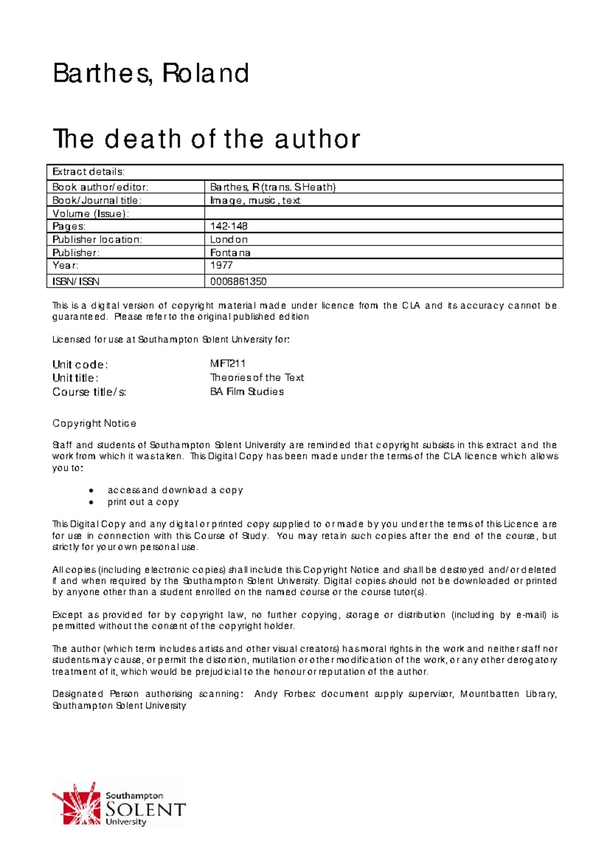 The Death of the Author: Analysis for MFT211 Theories of the Text ...