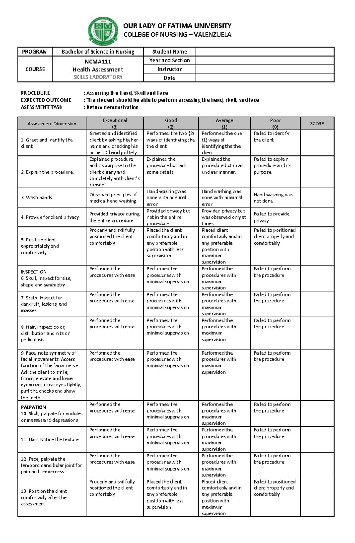 HAS 101: Rubrics for Assessment of Head, Skull, and Face - Studocu