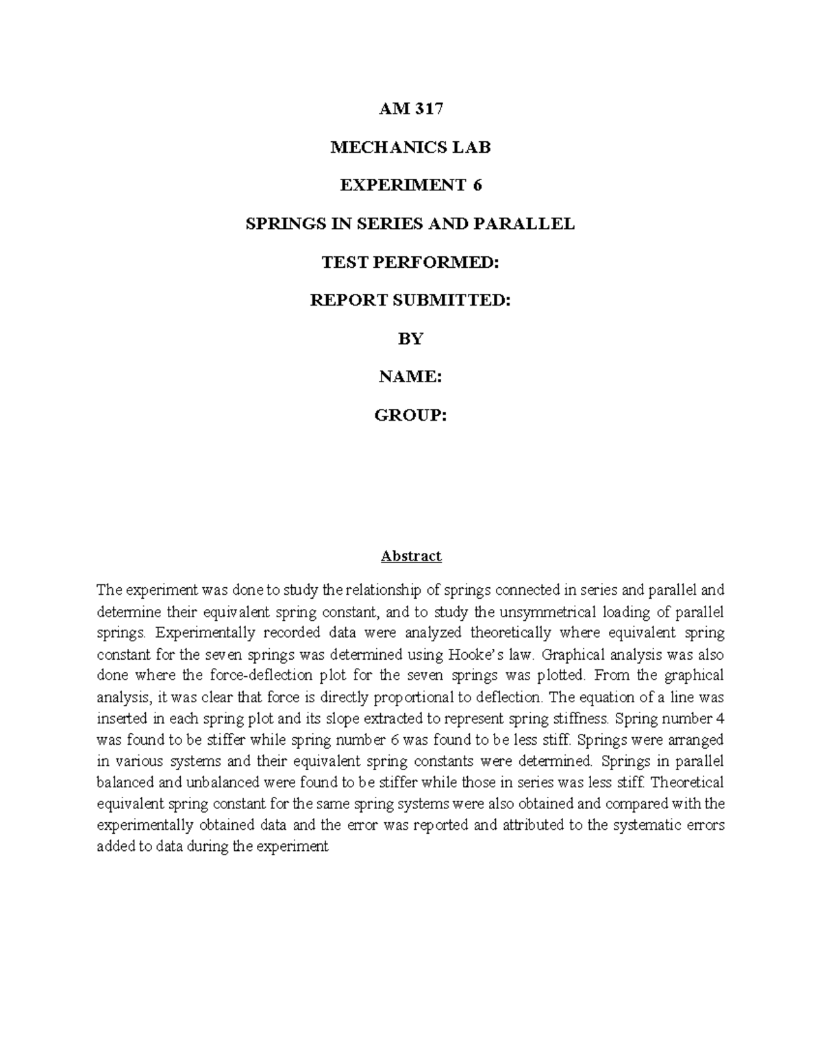 AM 317 - Lab Report: Mechanics of Springs in Series and Parallel - Studocu