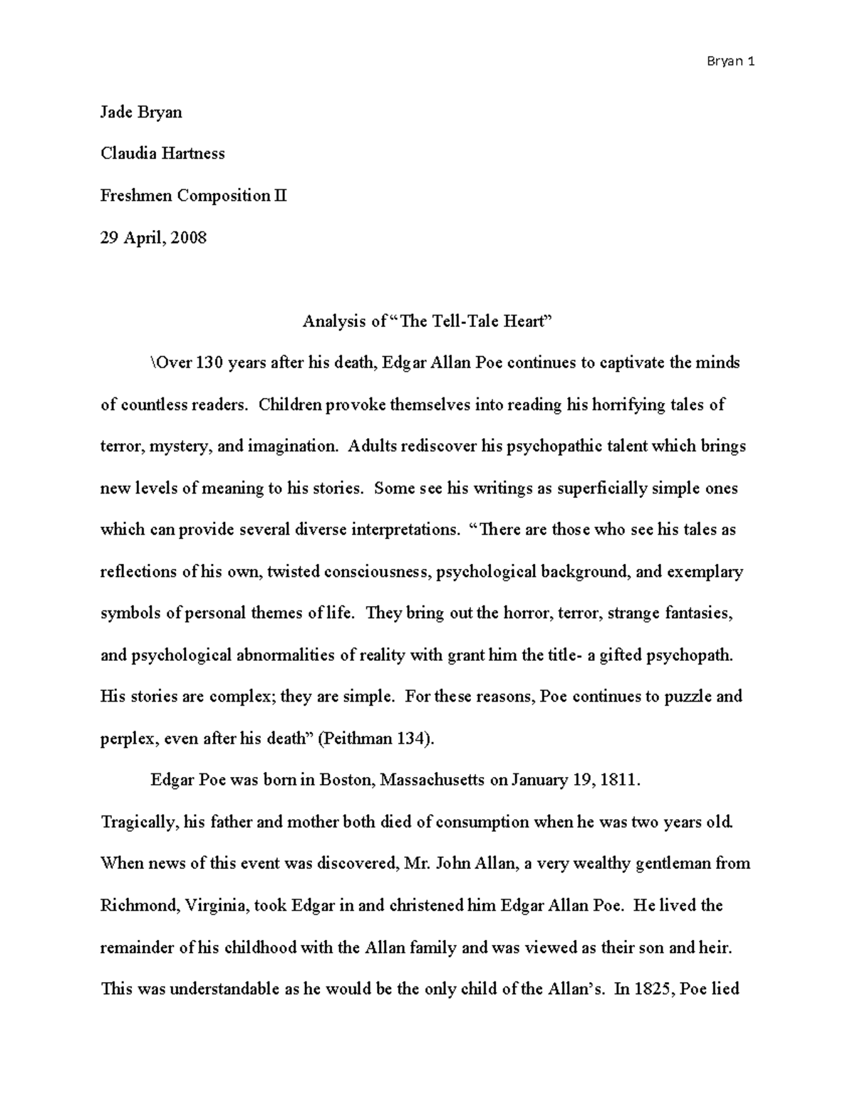 Final Exam Essay: Analysis of Edgar Allan Poe's "The Tell-Tale Heart ...