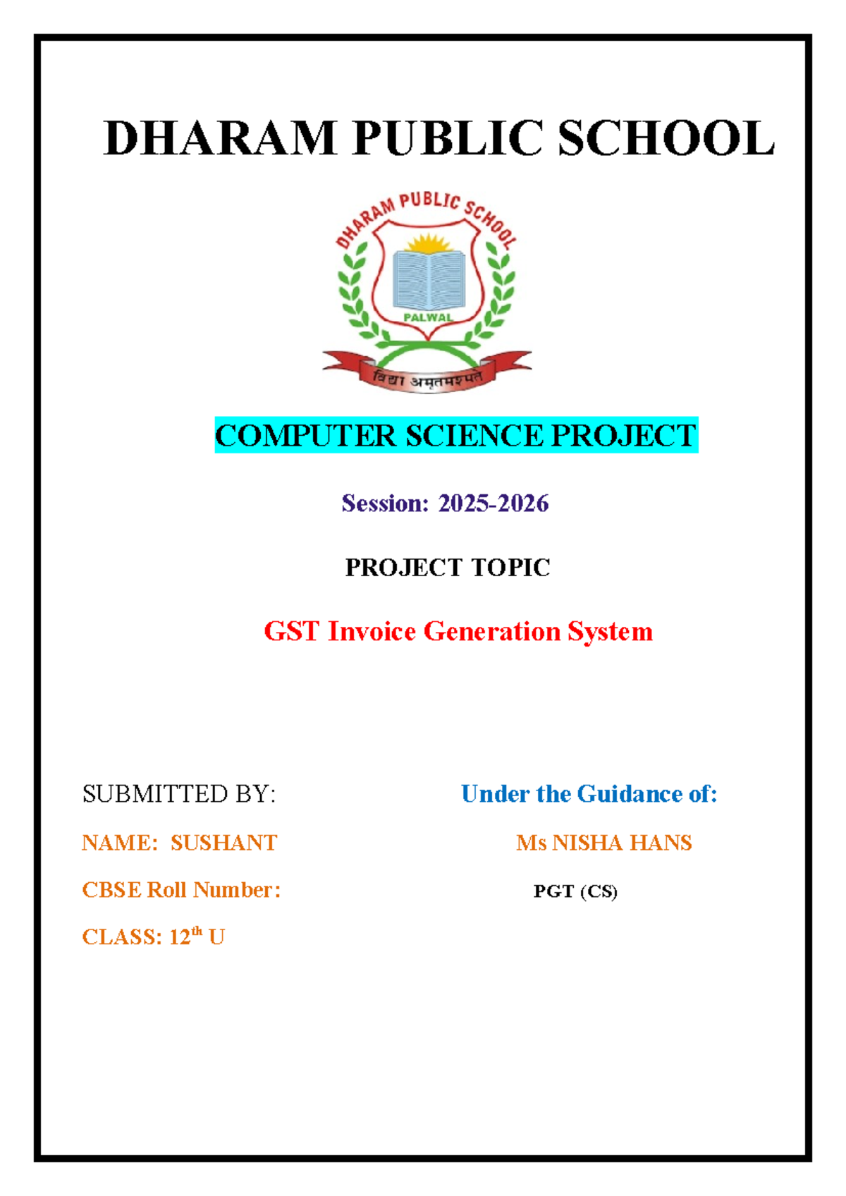 GST Invoice Generation System Project - Class 12 PGT (CS) - Studocu