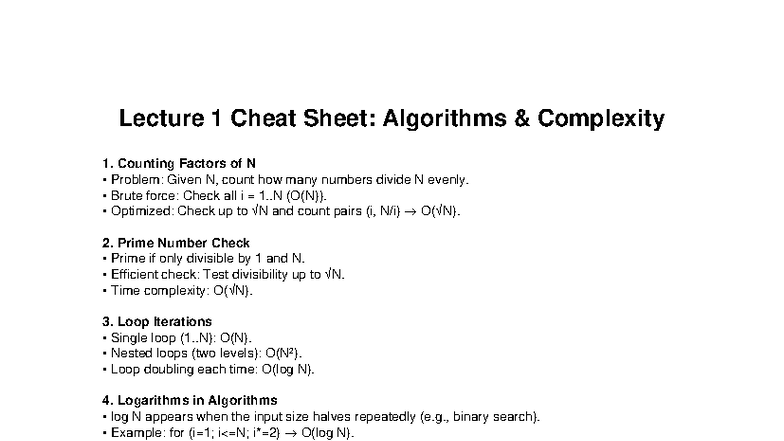 Lecture 1 Cheat Sheet: Algorithm Complexity & Factor Counting - Studocu