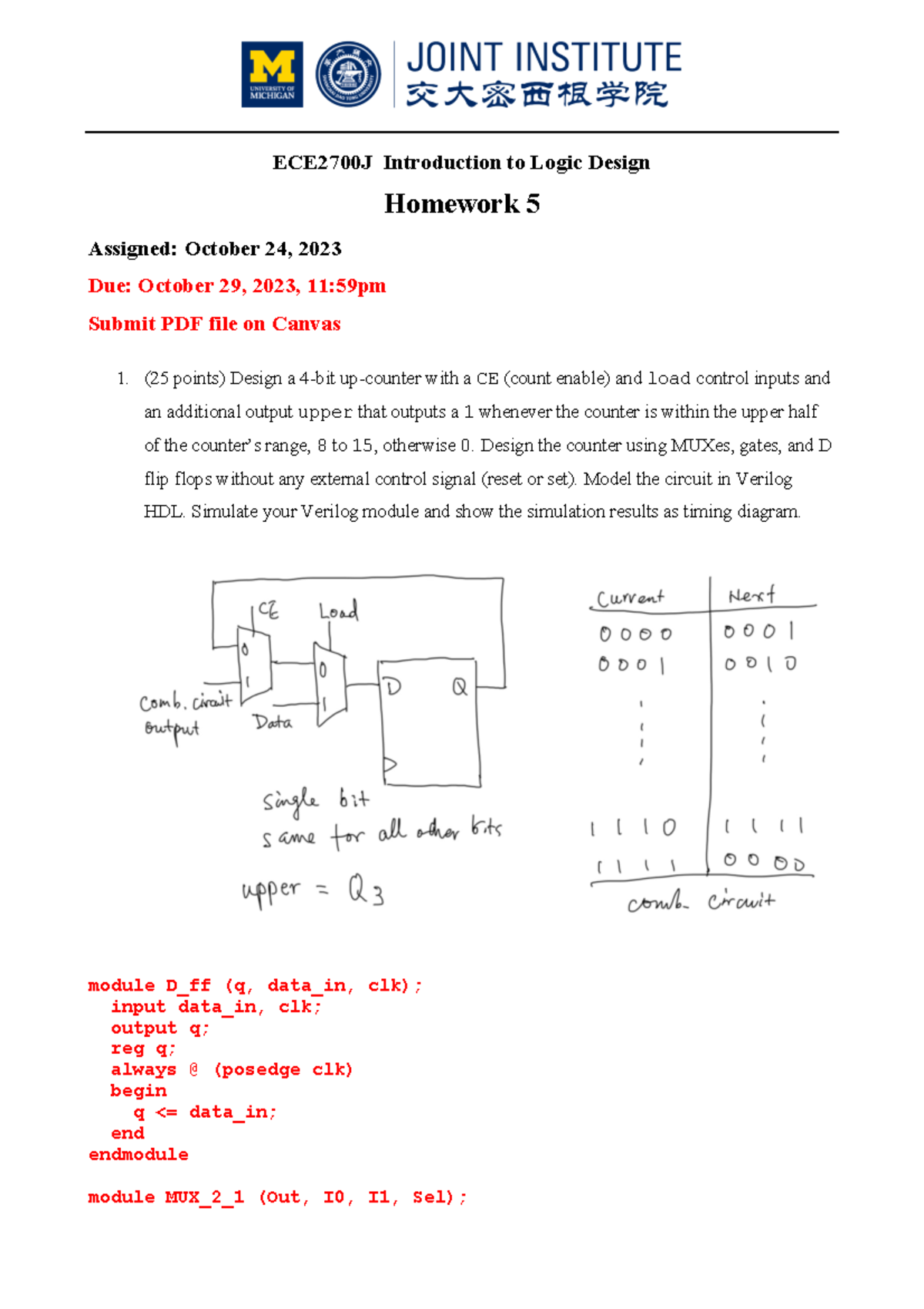 HW5 Solutions - ECE2700J Logic Design Fall 2023 - Studocu