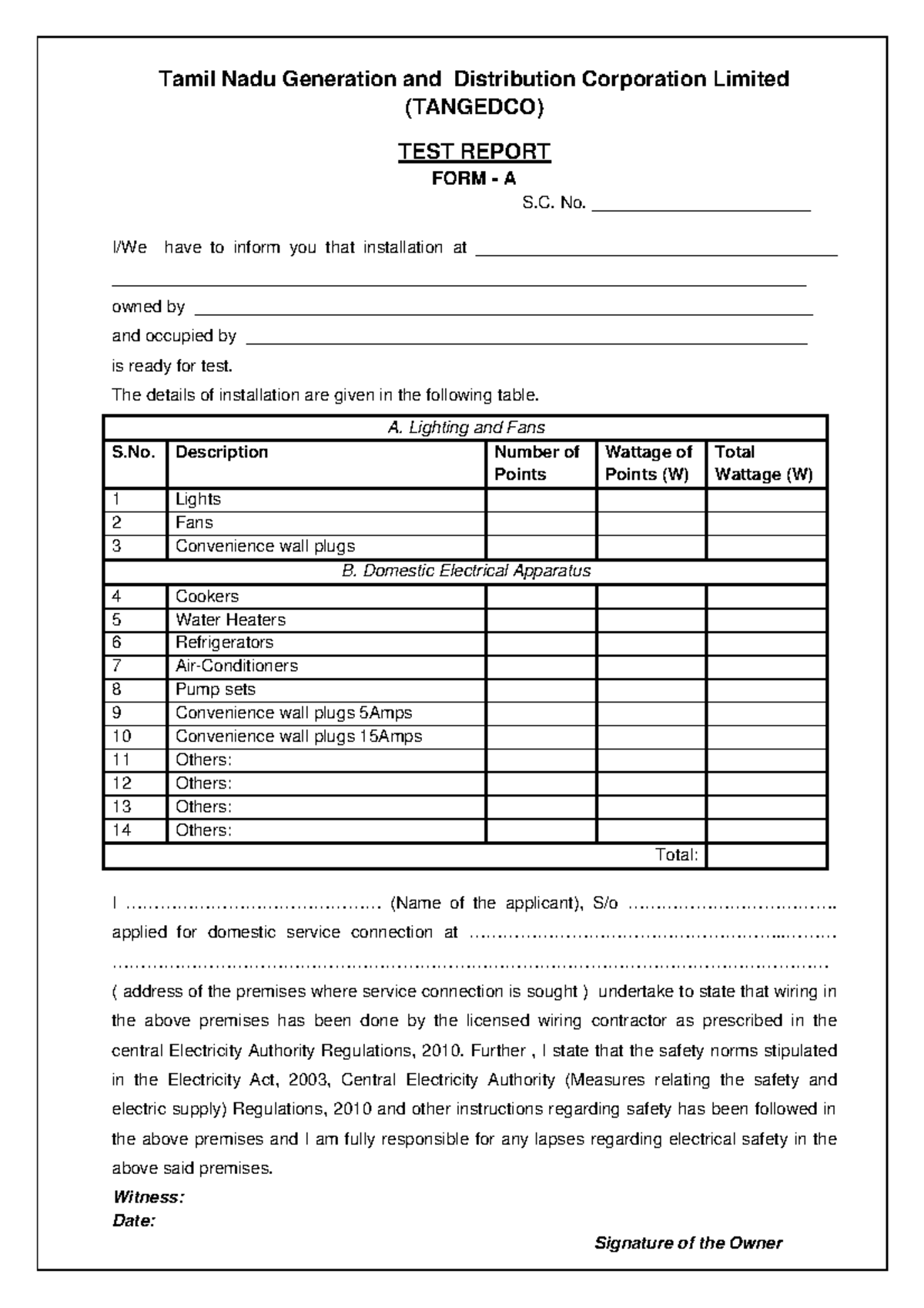 TNEB New Connection Electrician Test Report Form - A & B Download - Studocu