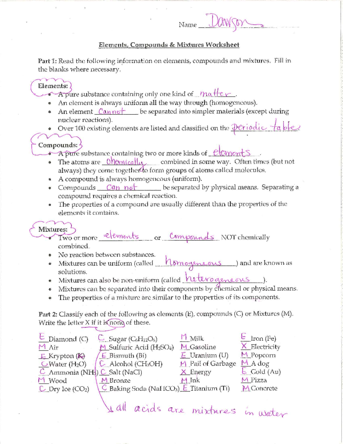 Unit 3 Keys 2: Elements, Compounds, and Mixtures Worksheet Guide - Studocu