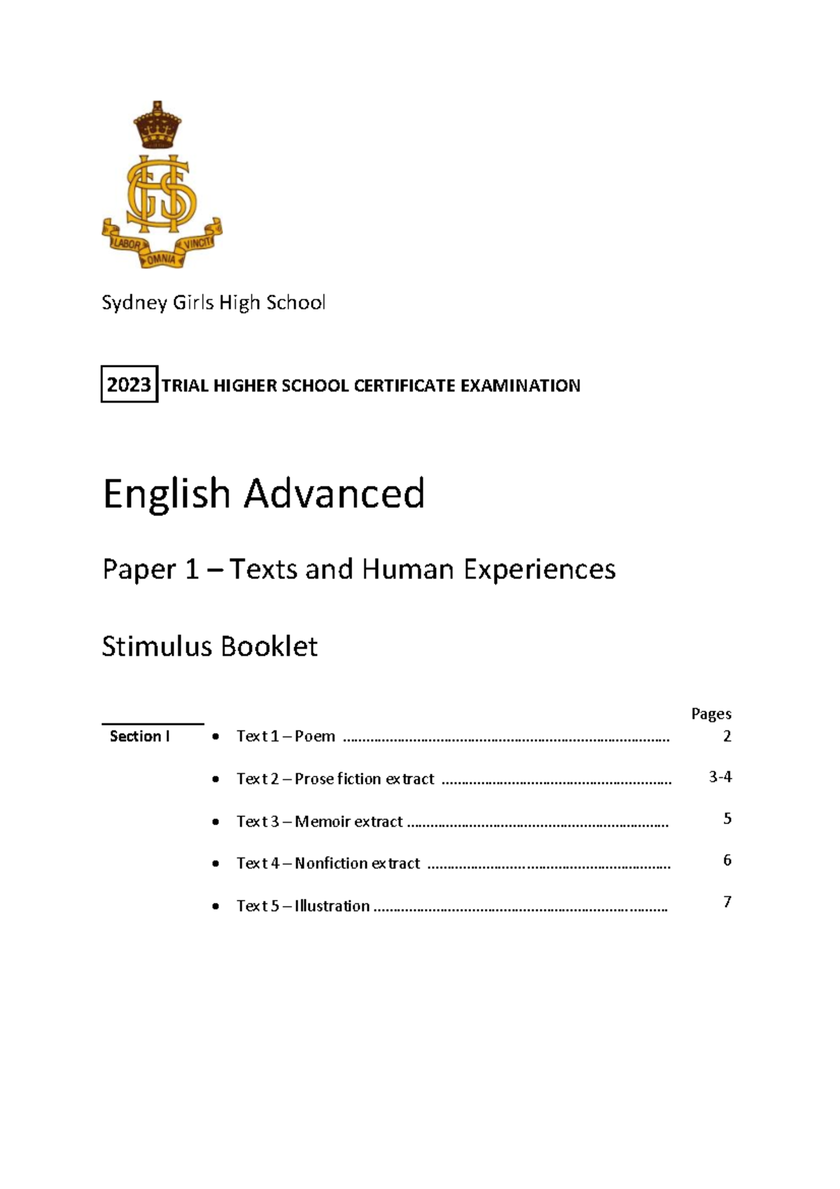 2023 SGHS HSC English Adv Trial Paper 1 Stimulus Booklet - Studocu