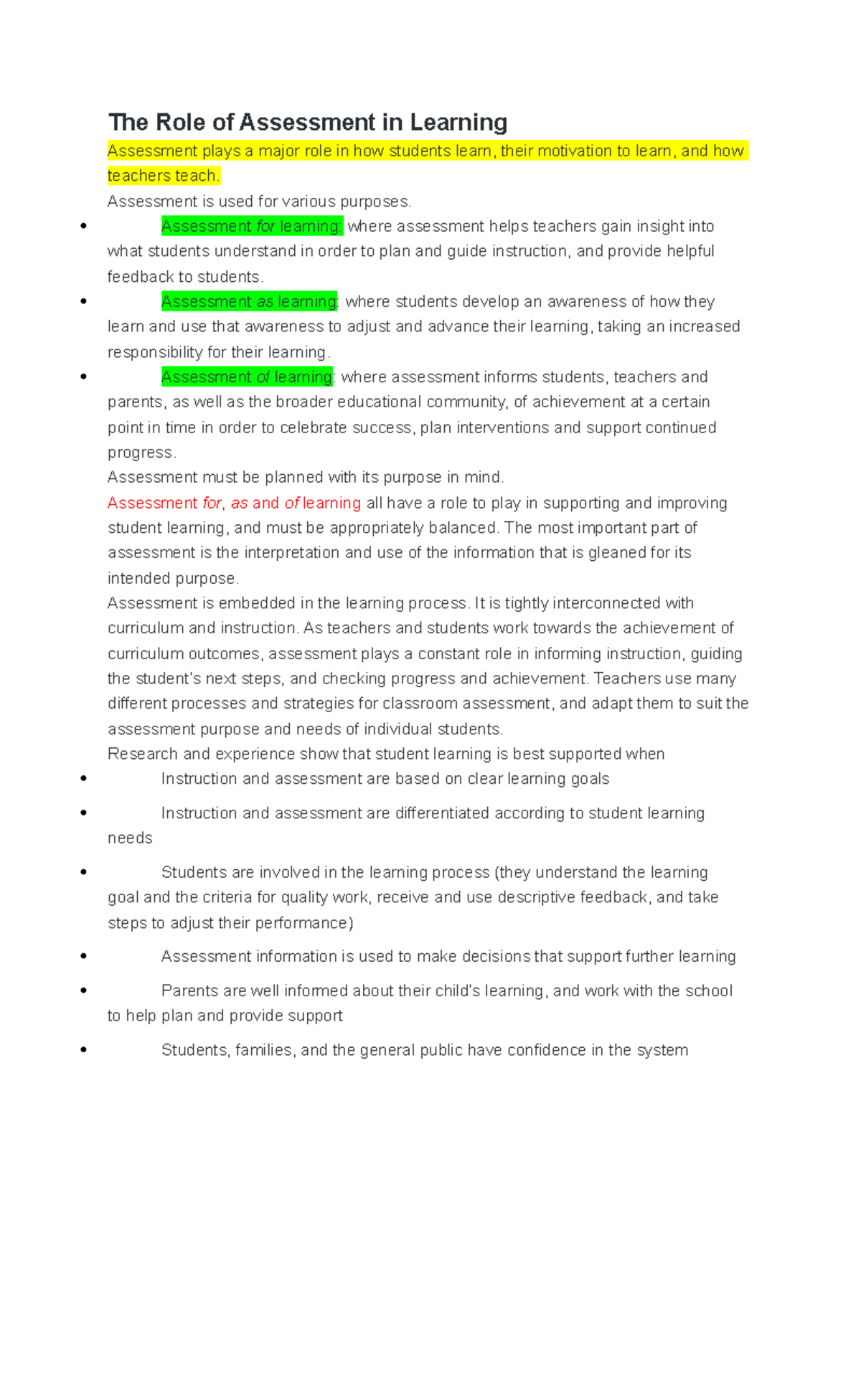 The Role of Assessment in Learning - The Role of Assessment in Learning ...