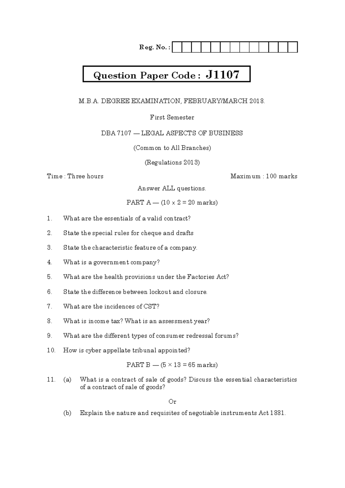 M.B.A. 2018 DBA 7107 Legal Aspects of Business Exam Paper - Studocu