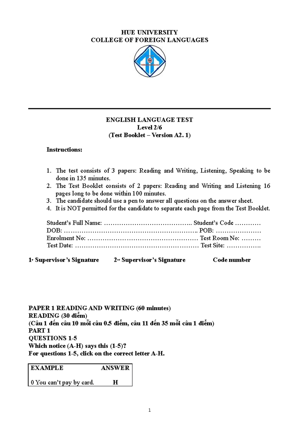 A2 - English Language Test Booklet (Level 2) for Listening and Writing ...
