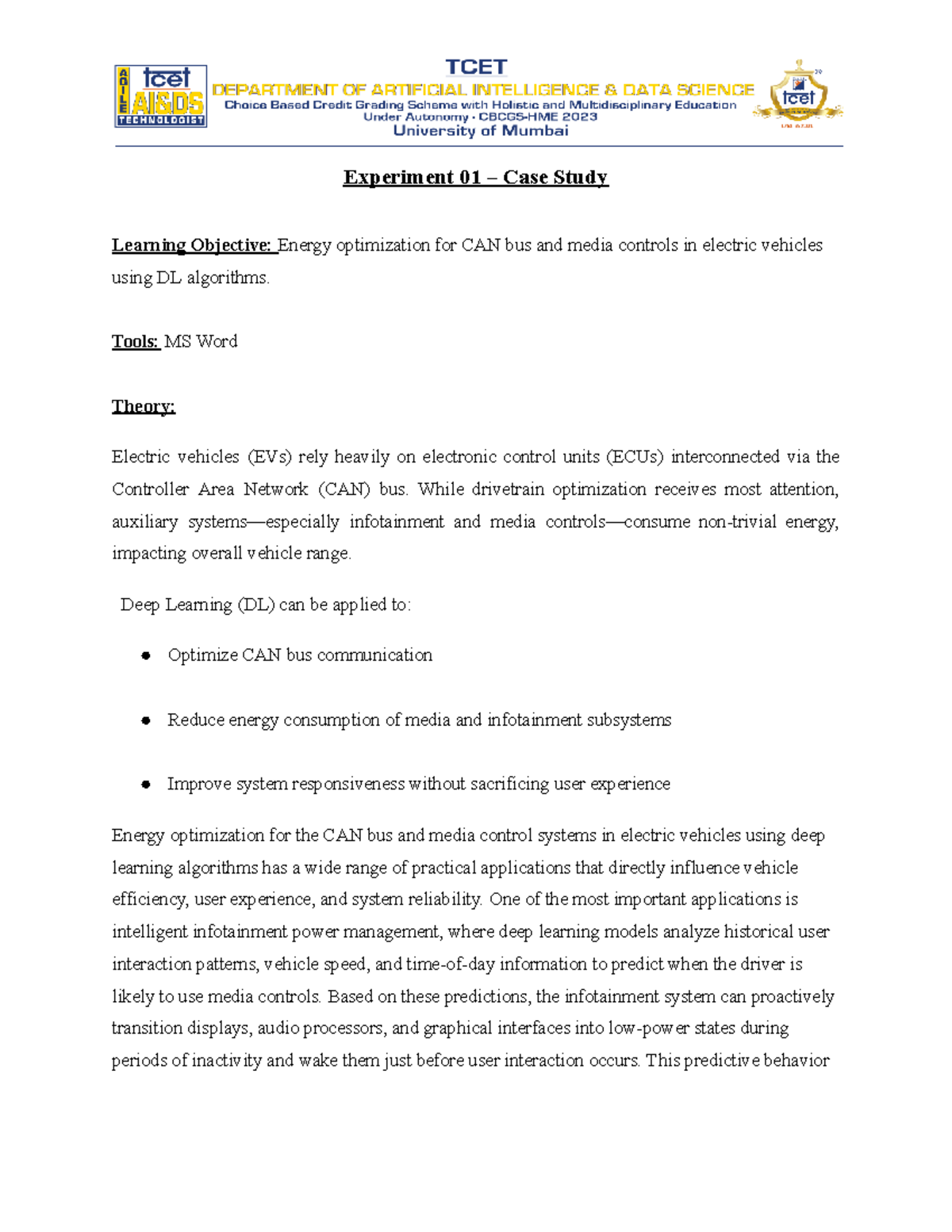 Experiment 01 Case Study: Energy Optimization in EVs Using DL ...