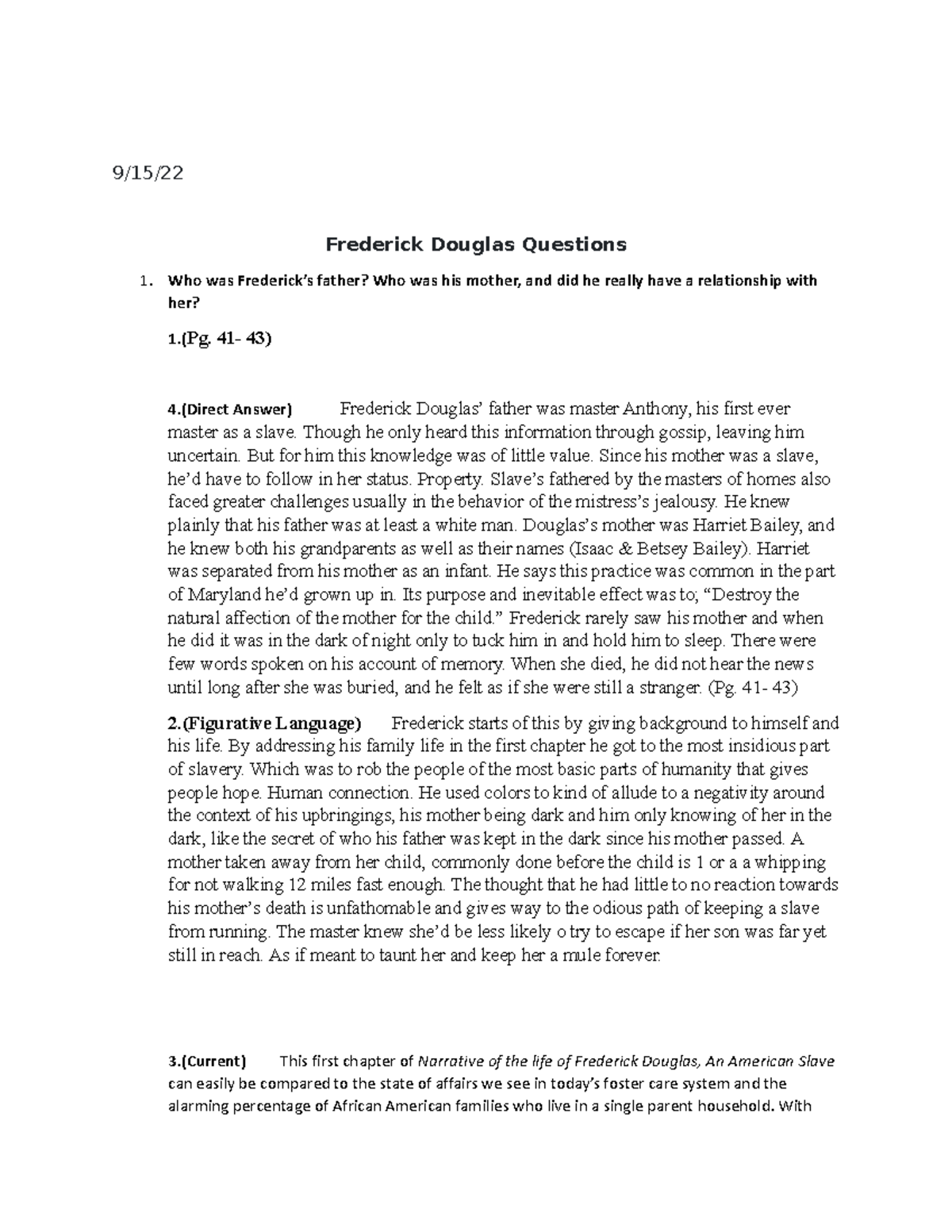 **ENG 101: Frederick Douglas Questions and Analysis of Slavery Themes ...