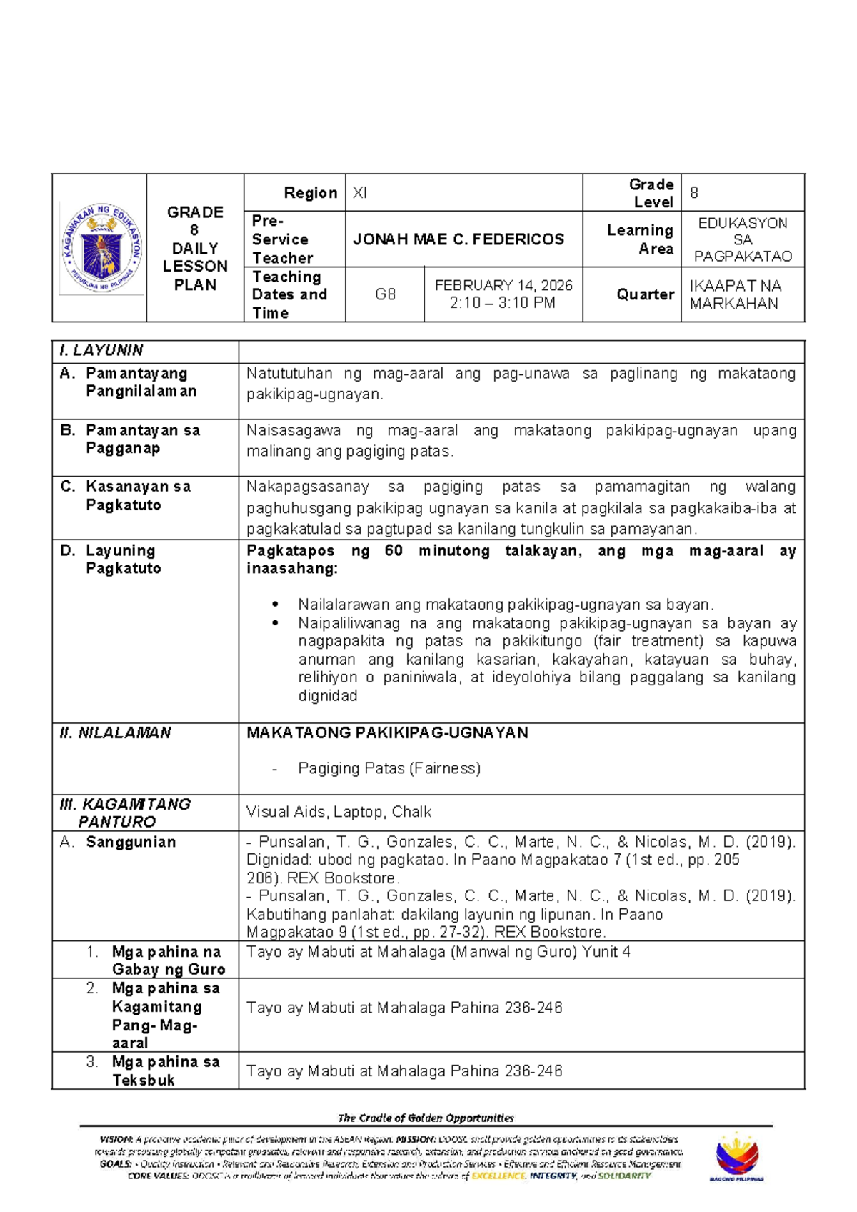 GRADE 8 DAILY LESSON PLAN: VALUES (LP-Q4 Lesson 2) - Studocu