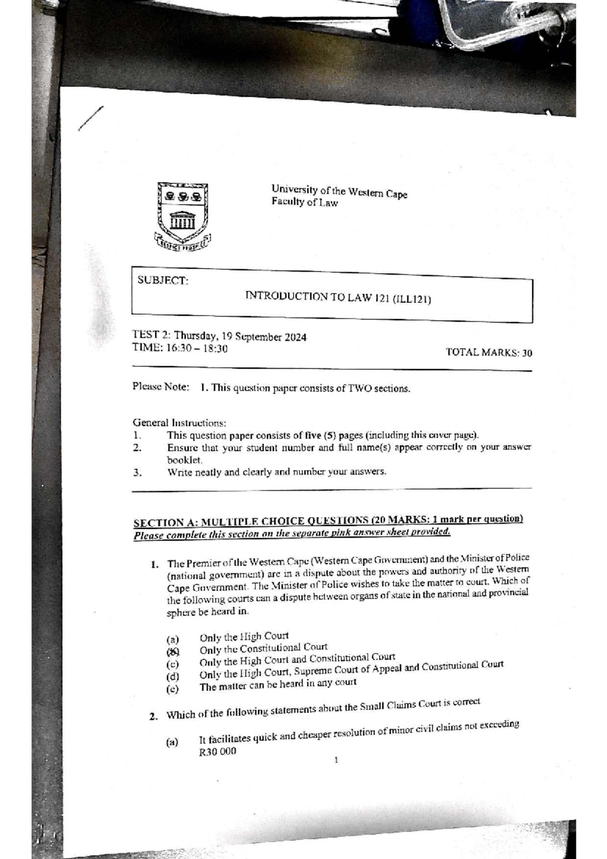 UWC Law 121 (ILL121) Test 2: Introduction to Law Questions & Scenarios - Studocu