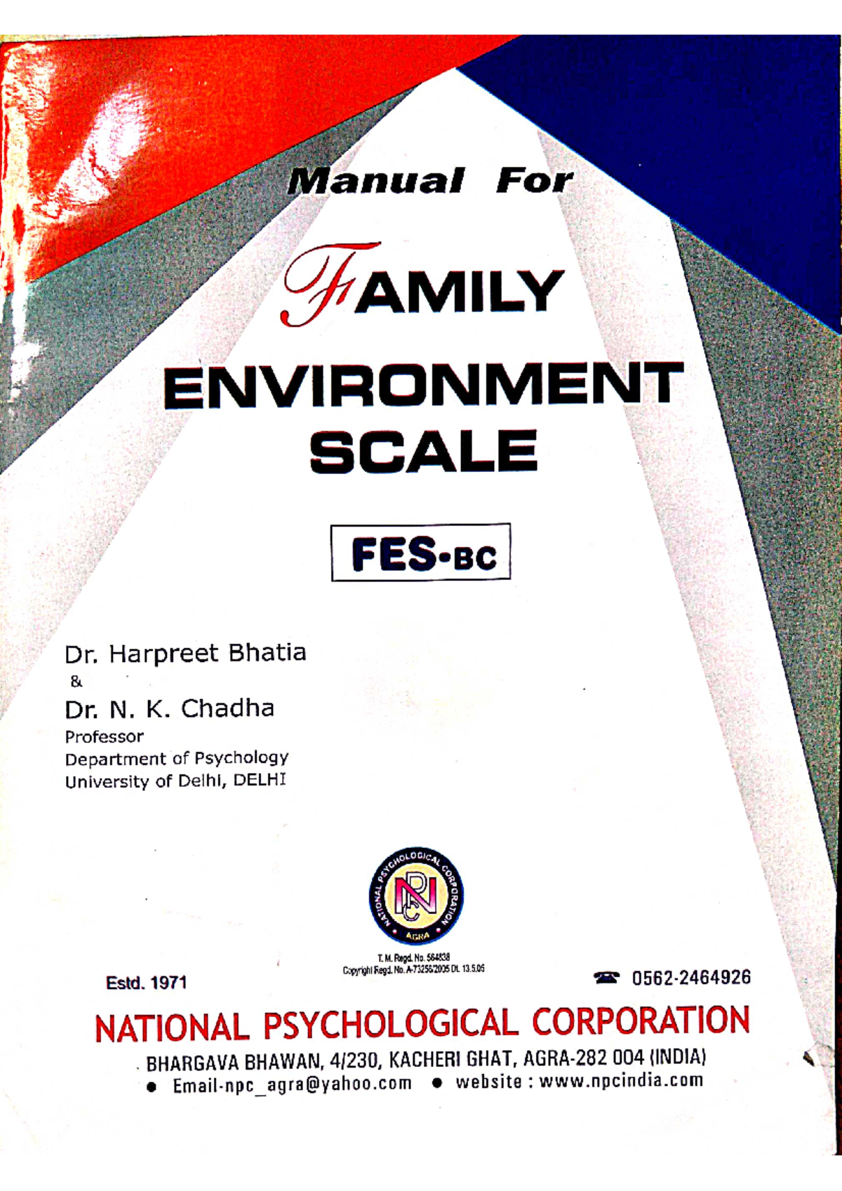 Manual for Family Environment Scale (FES) - Dr. Harpreet Bhatia - Studocu