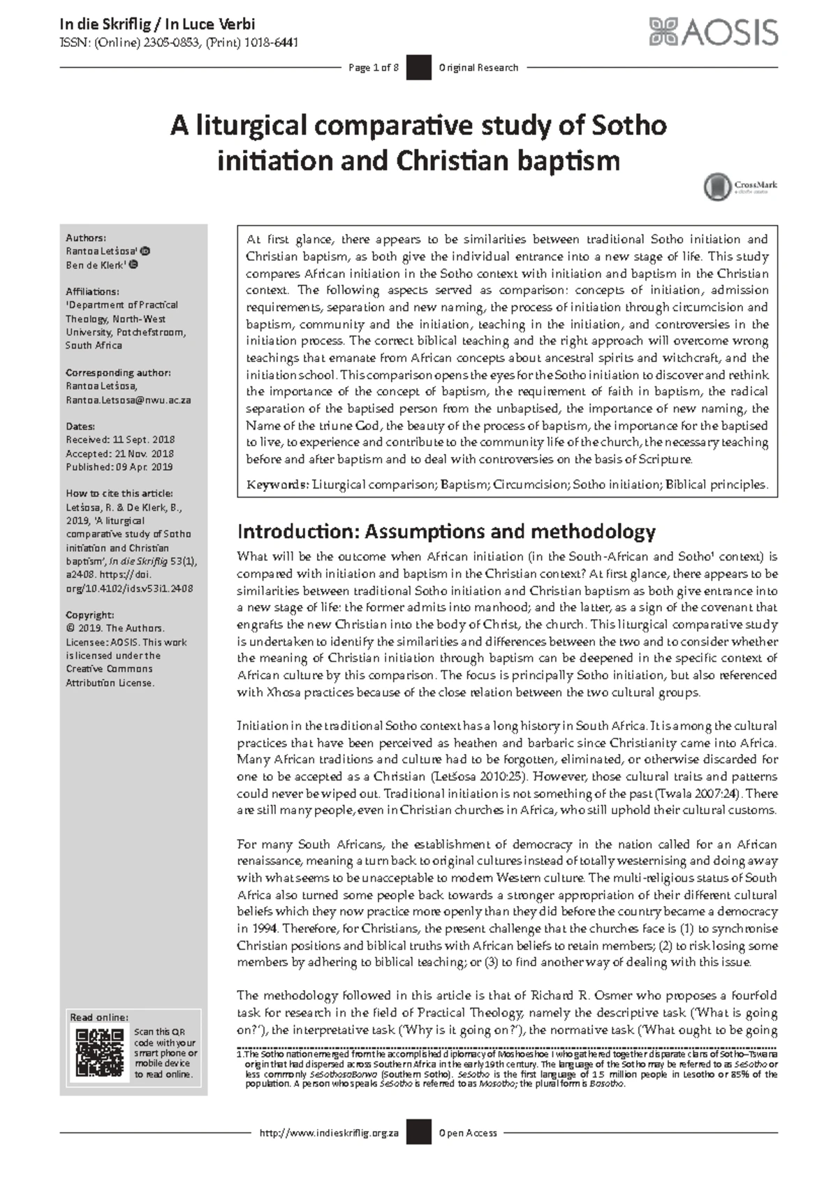 Comparative Study of Sotho Initiation and Christian Baptism - Studocu