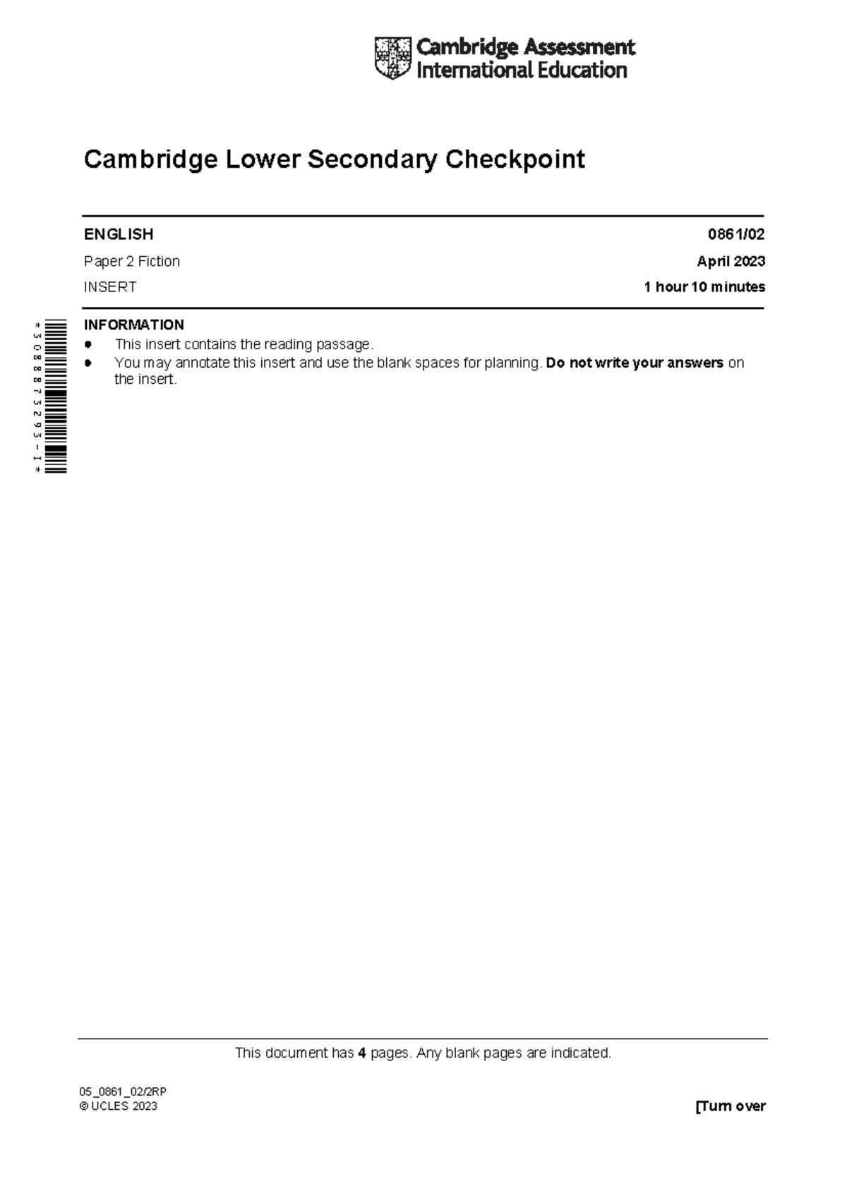 Cambridge Lower Secondary Checkpoint ENGLISH Paper 2 Fiction Insert ...